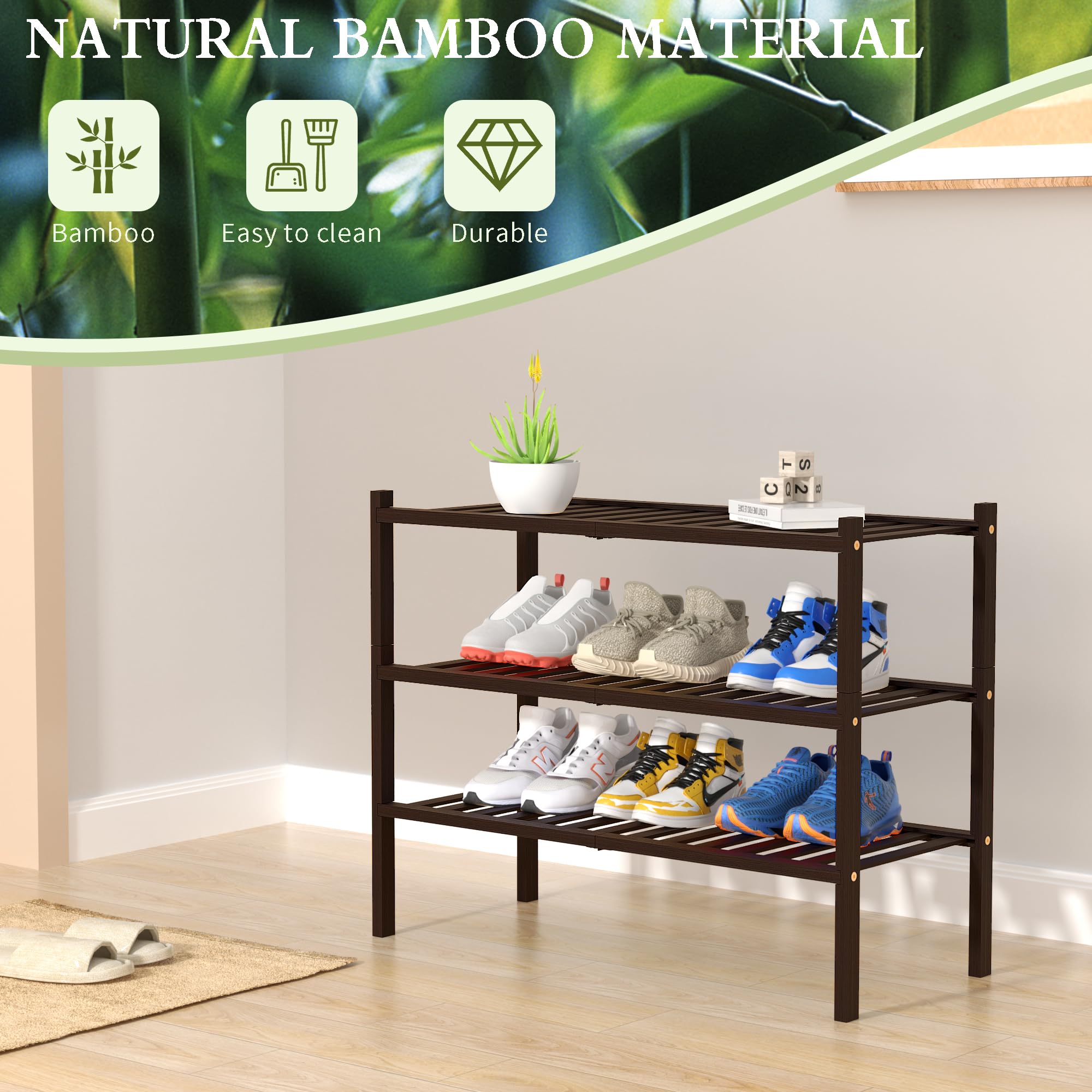 ROMGUAR CRAFT 3 Tier Bamboo Shoe Rack for Closet Free Standing Wood Shoe Shelf for Entryway Small Space Stackable 27"x11"x20" (Brown)