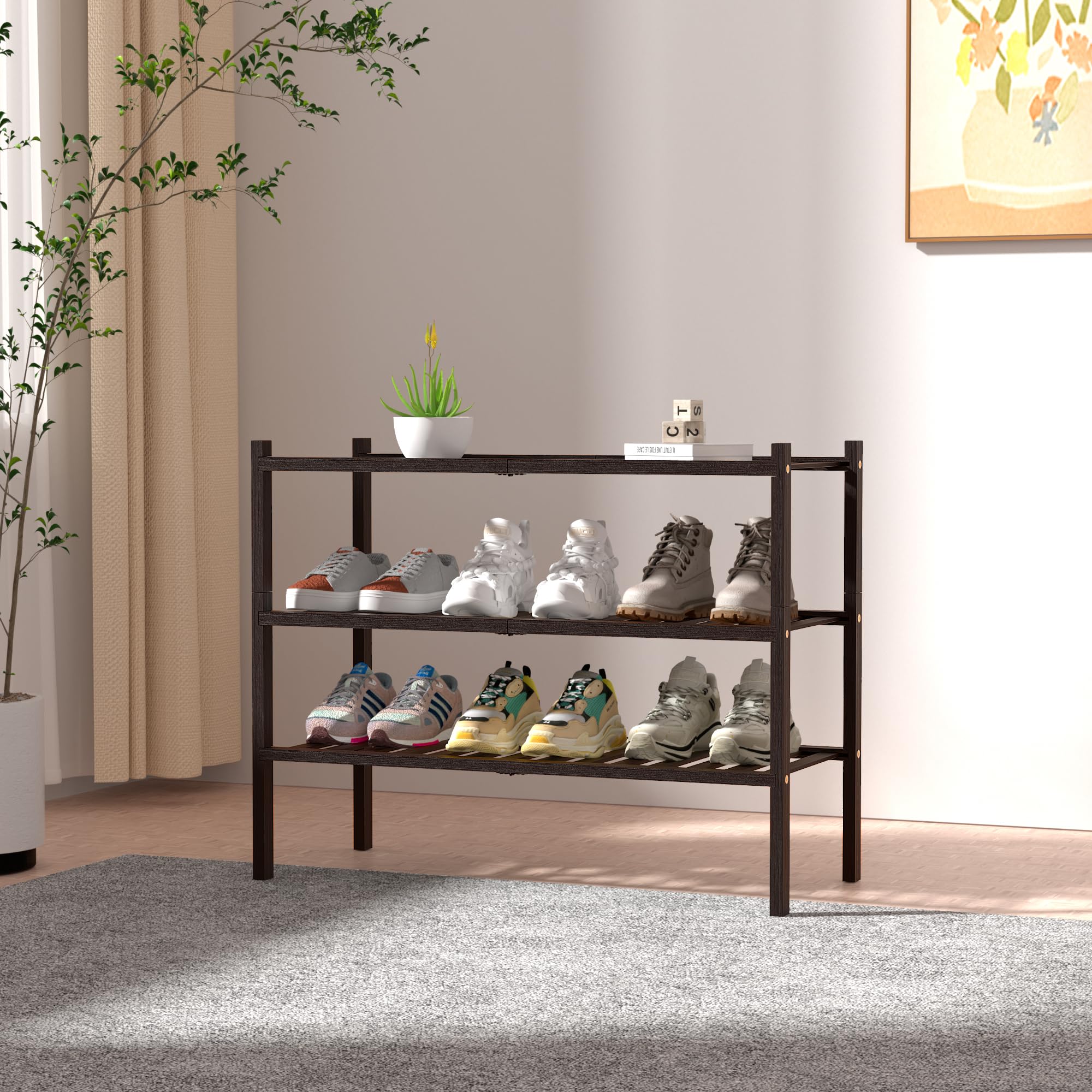 ROMGUAR CRAFT 3 Tier Bamboo Shoe Rack for Closet Free Standing Wood Shoe Shelf for Entryway Small Space Stackable 27"x11"x20" (Brown)