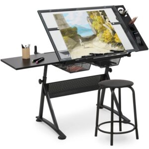 monibloom adjustable height drafting table with stool, modern style, tough glass top, 28-36 in length, 19 in width, 30 in height, ideal for artists, designers, office, studio