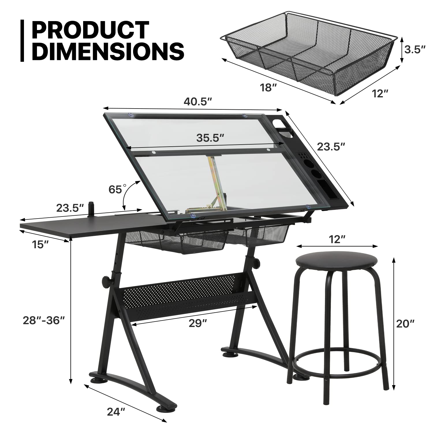 MoNiBloom Adjustable Height Drafting Table with Stool, Modern Style, Tough Glass Top, 28-36 in Length, 19 in Width, 30 in Height, Ideal for Artists, Designers, Office, Studio