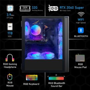 STGAubron Gaming Desktop PC,Intel Core i7 3.4G up to 3.9G,GeForce RTX 2060 Super 8G GDDR6,32G,1TB SSD,WiFi,BT 5.0,RGB Keybaord,RGB Mouse Pad,RGB BT Sound Bar,RGB Bluetooth Headset Mic,W10H64