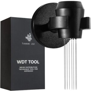 tammi jui wdt tool espresso with magnetic mount for easy, clutter-free storage. 8 needle espresso distribution tool in sleek aluminum. wdt espresso distributor comes in a gift ready box.