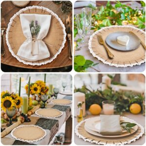 Junxia Burlap Round Placemats Set of 4 Place Mats for Dining Tables 15 Inch Kitchen Jute Ruffled Lace Farmhouse Table Mats