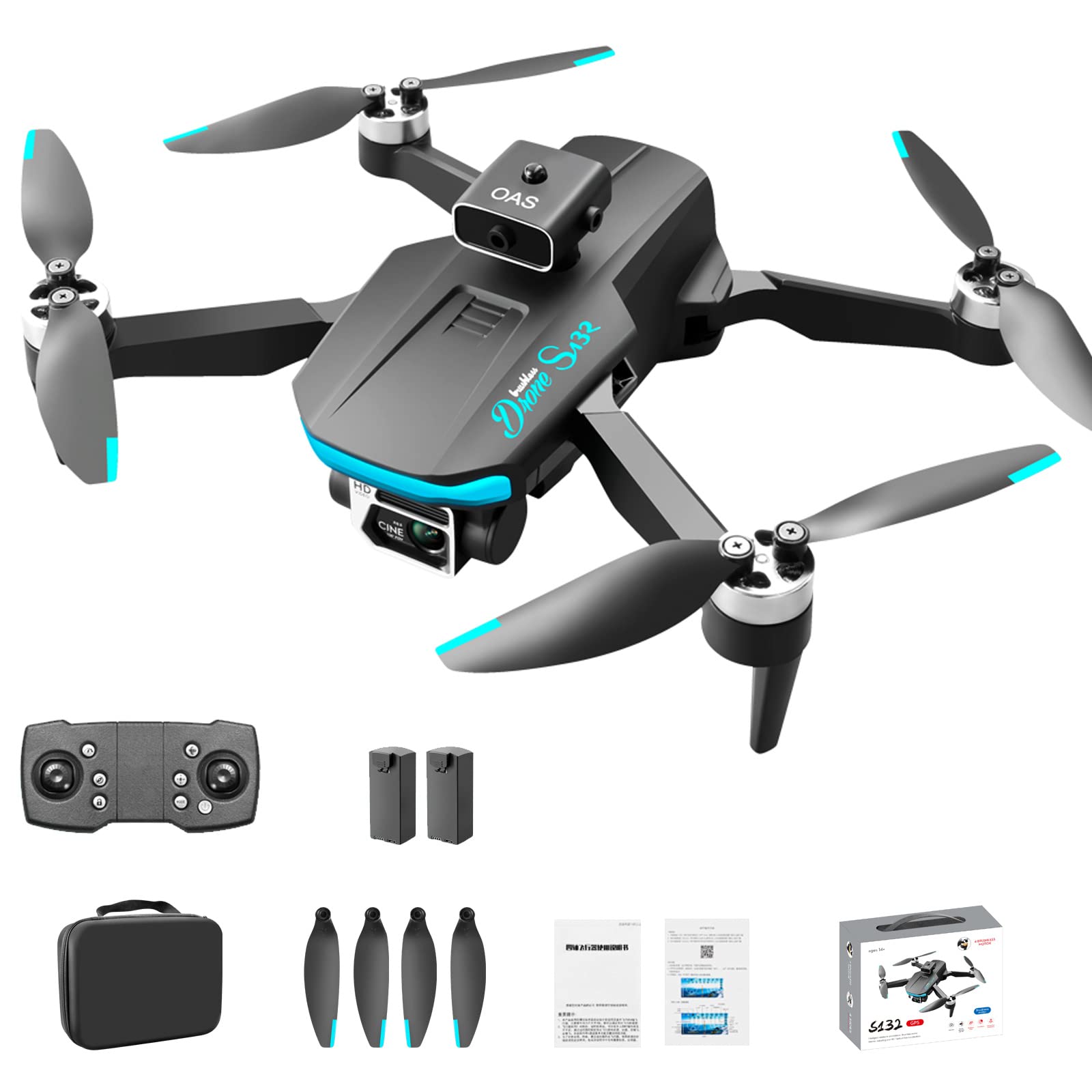 S132 Drone With Camera For Adults 4k 1080P HD Foldable Dron rc Drones Toys GPS Auto Return One Touch Take-off and Landing Adjustable Lens (with Carrying Case) (black)