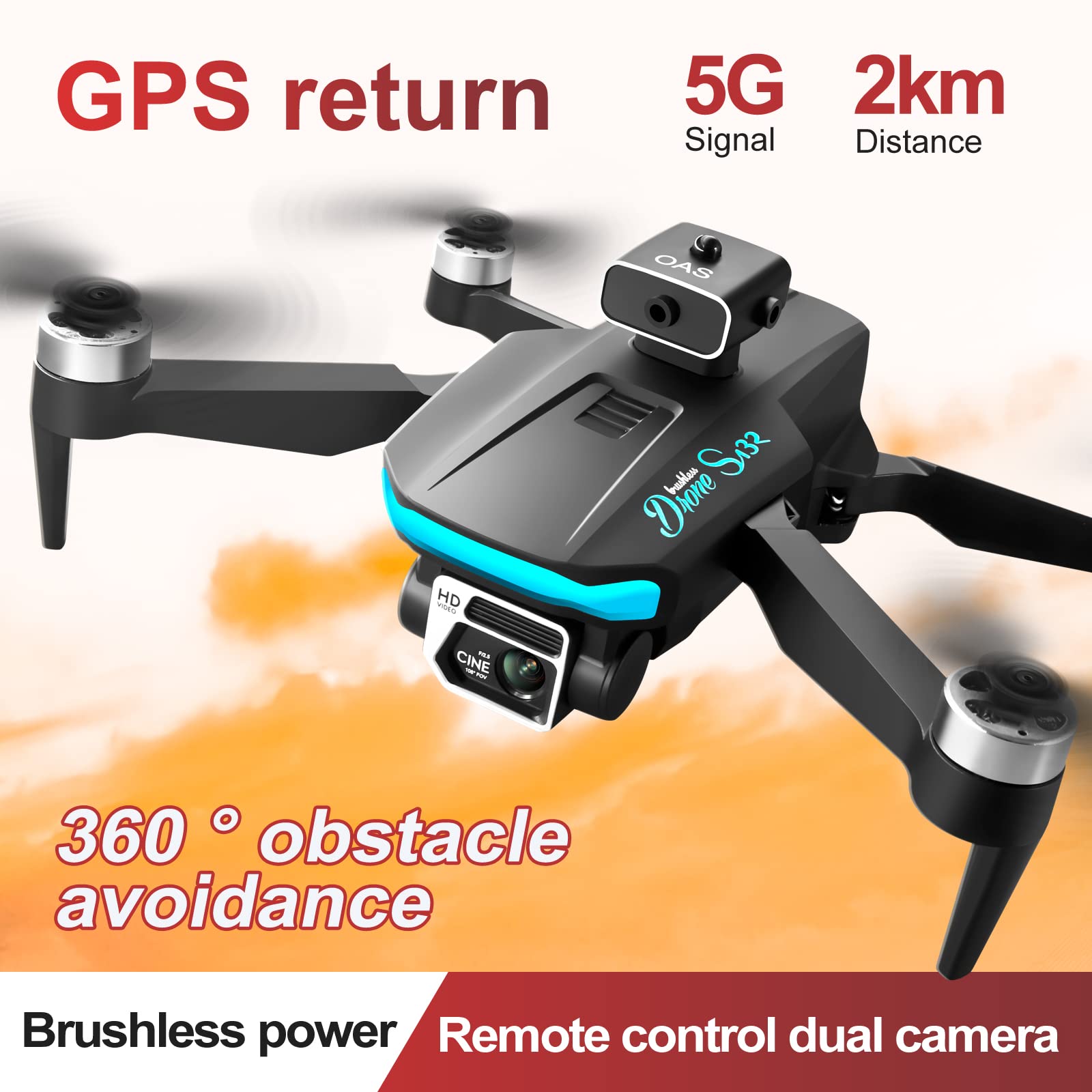 S132 Drone With Camera For Adults 4k 1080P HD Foldable Dron rc Drones Toys GPS Auto Return One Touch Take-off and Landing Adjustable Lens (with Carrying Case) (black)