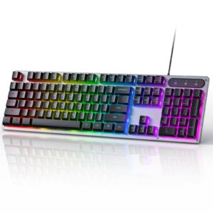 omoton wired gaming keyboard, full size keyboard, 26 anti ghosting keys, led backlit, 12 multimedia keys, silent membrane gaming keyboard for pc, desktop, computer, black