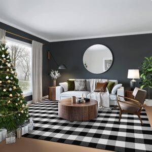 earthall buffalo plaid rugs 8'x10', black and white area rug, cotton hand-woven checkered area rug, washable outdoor rug farmhouse/front porch/living room/laundry room/bedroom (91''x120'')