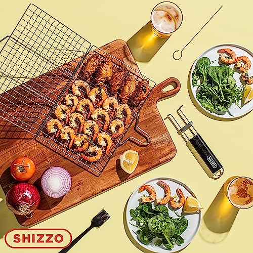 SHIZZO Shallow Grill Basket Set, Grilling Accessories Barbecue BBQ, Stainless Steel Folding Portable Outdoor Camping Rack for Fish, Shrimp, Vegetables, Cooking Accessories, Gift for Family, Freinds