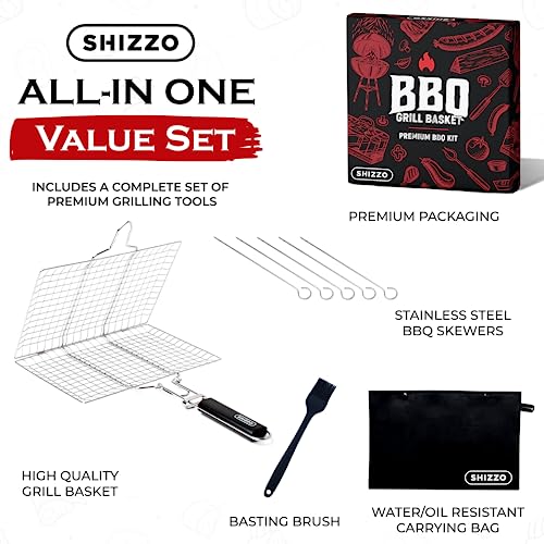 SHIZZO Shallow Grill Basket Set, Grilling Accessories Barbecue BBQ, Stainless Steel Folding Portable Outdoor Camping Rack for Fish, Shrimp, Vegetables, Cooking Accessories, Gift for Family, Freinds