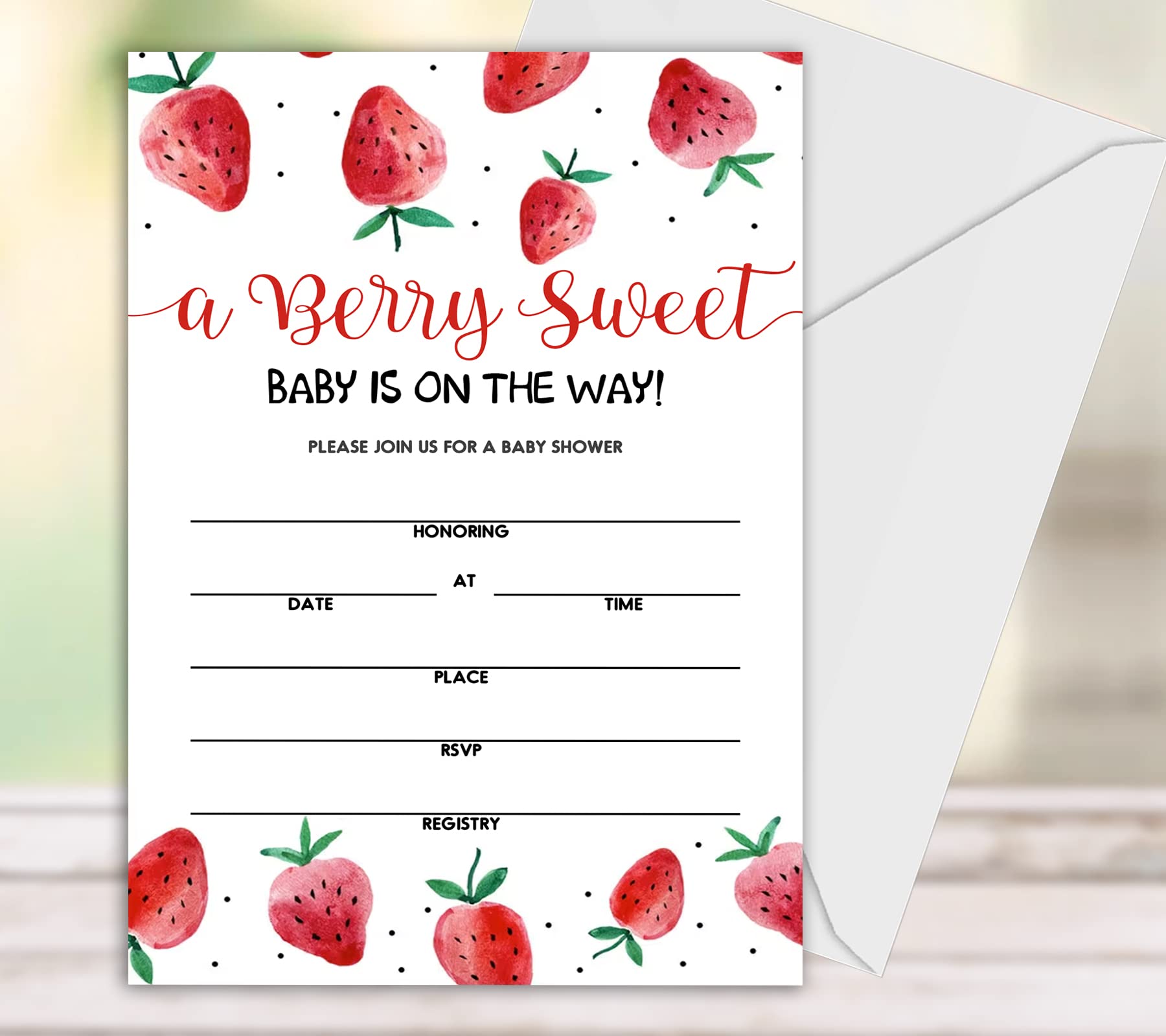 Baby Shower Invitations, Berry sweet Fill In Invites Cards wih Envelopes, Strawberry, Set of 25.