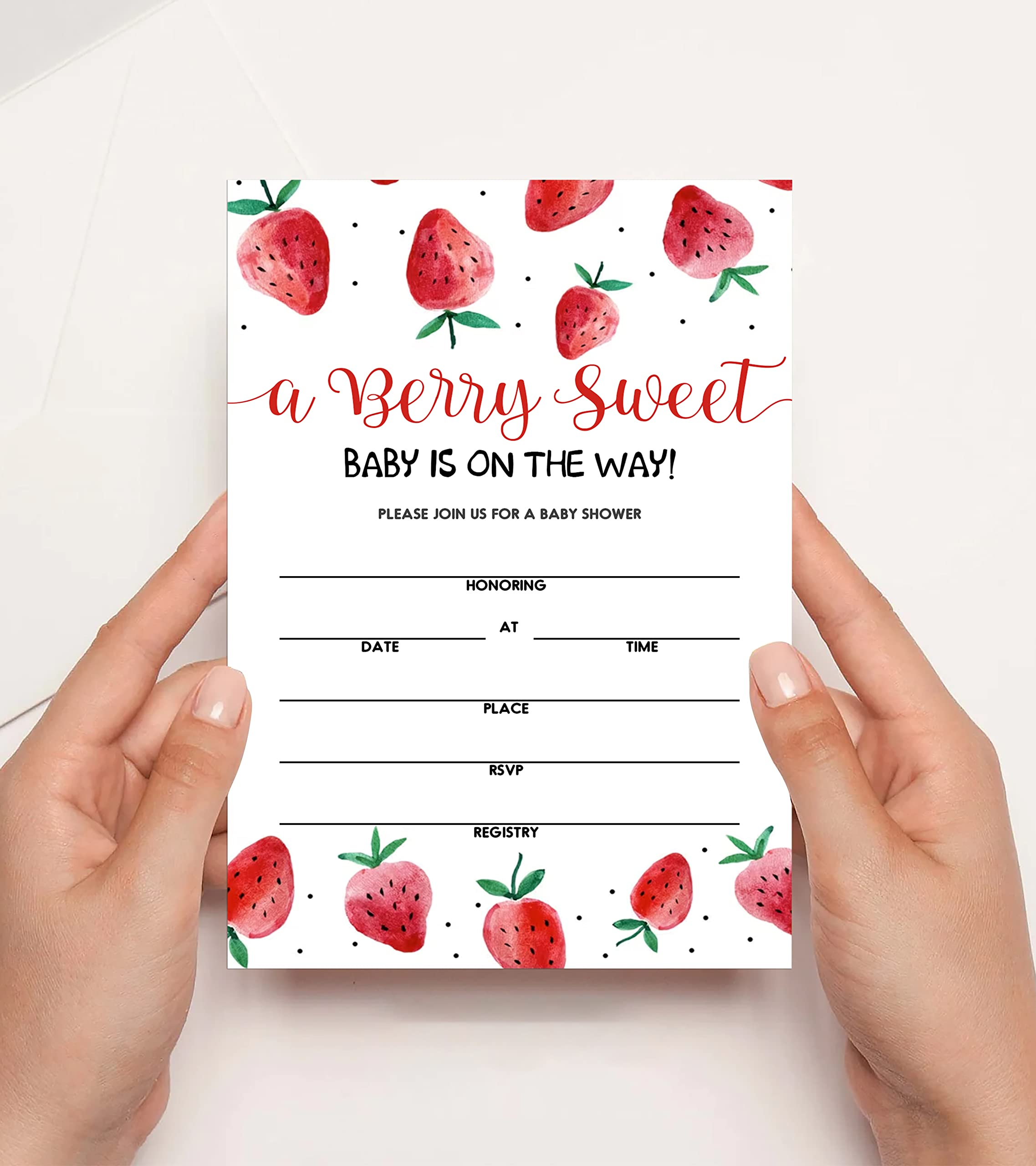 Baby Shower Invitations, Berry sweet Fill In Invites Cards wih Envelopes, Strawberry, Set of 25.