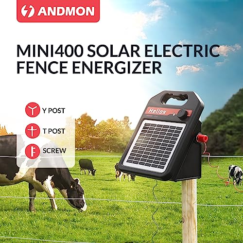 ANDMON MINI400 30 Miles Solar Electric Fence Charger, 0.4 Joule Solar Electric Fence for Livestock, Horses, Cattle Sheep, Solar Fence Charger with Day or Night Mode, Easy Installation