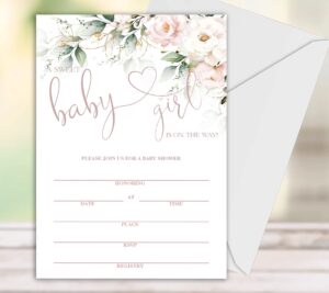 geuro baby shower invitations for girl, floral fill in invites cards wih envelopes, set of 25.