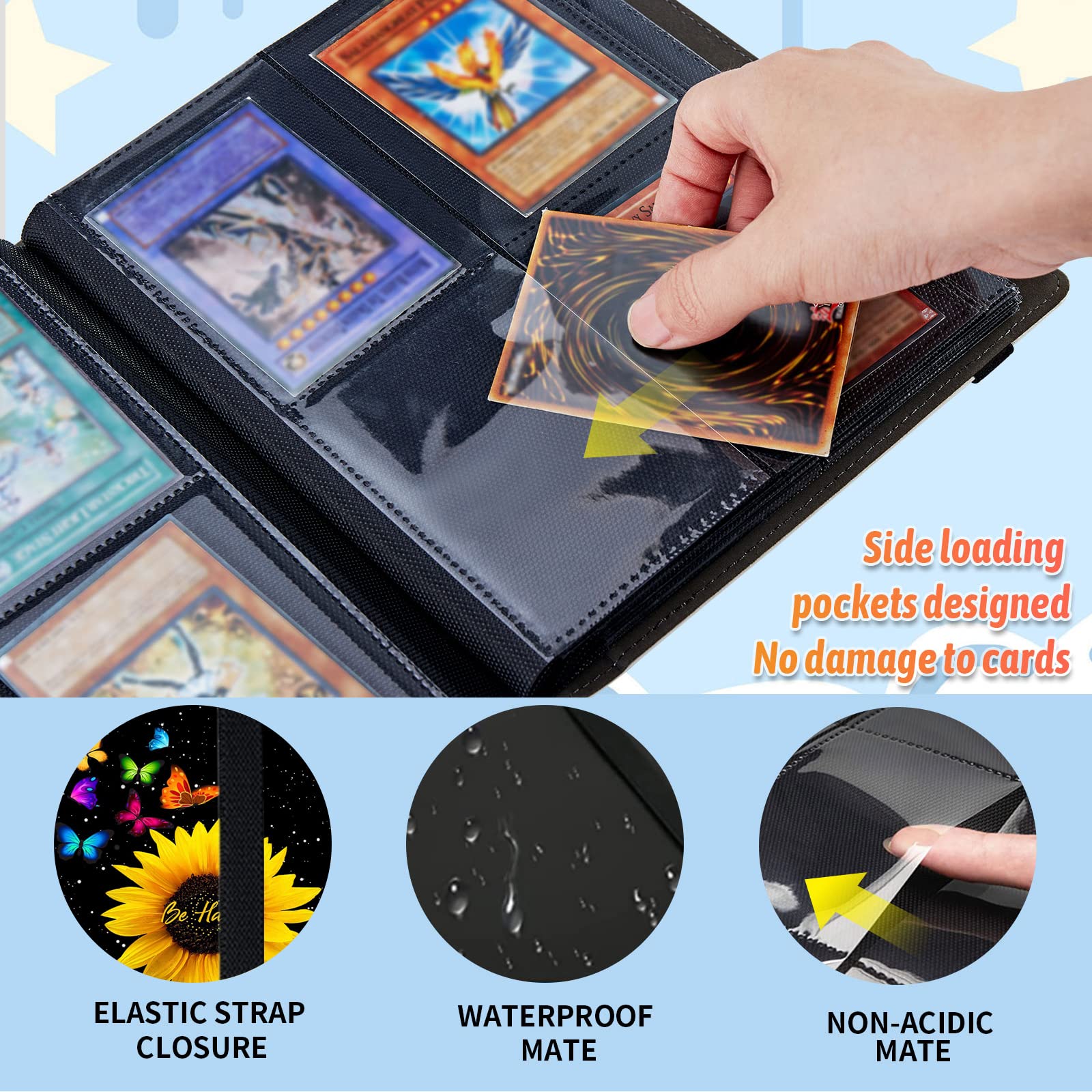 Trading Card Binder 4 Pocket 320 Cards,Card Holder Book with Elastic Band Fit Most Standard Size Cards,Card Collection Binder Case for Baseball Football Basketball Cards Pokemon & MTG,Sunflower