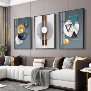 artkn 3 pieces framed abstract geometric wall art, art shapes patterns paintings, modern wall decor artwork, large wall art for living room bedroom office(blue, 16" x 24" x 3 pieces)