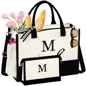 qlovea gifts for women - initial canvas travel tote bag with makeup bag, monogrammed embroidery tote with zipper, personalized gifts for teacher bridal shower hostess birthday friends letter m