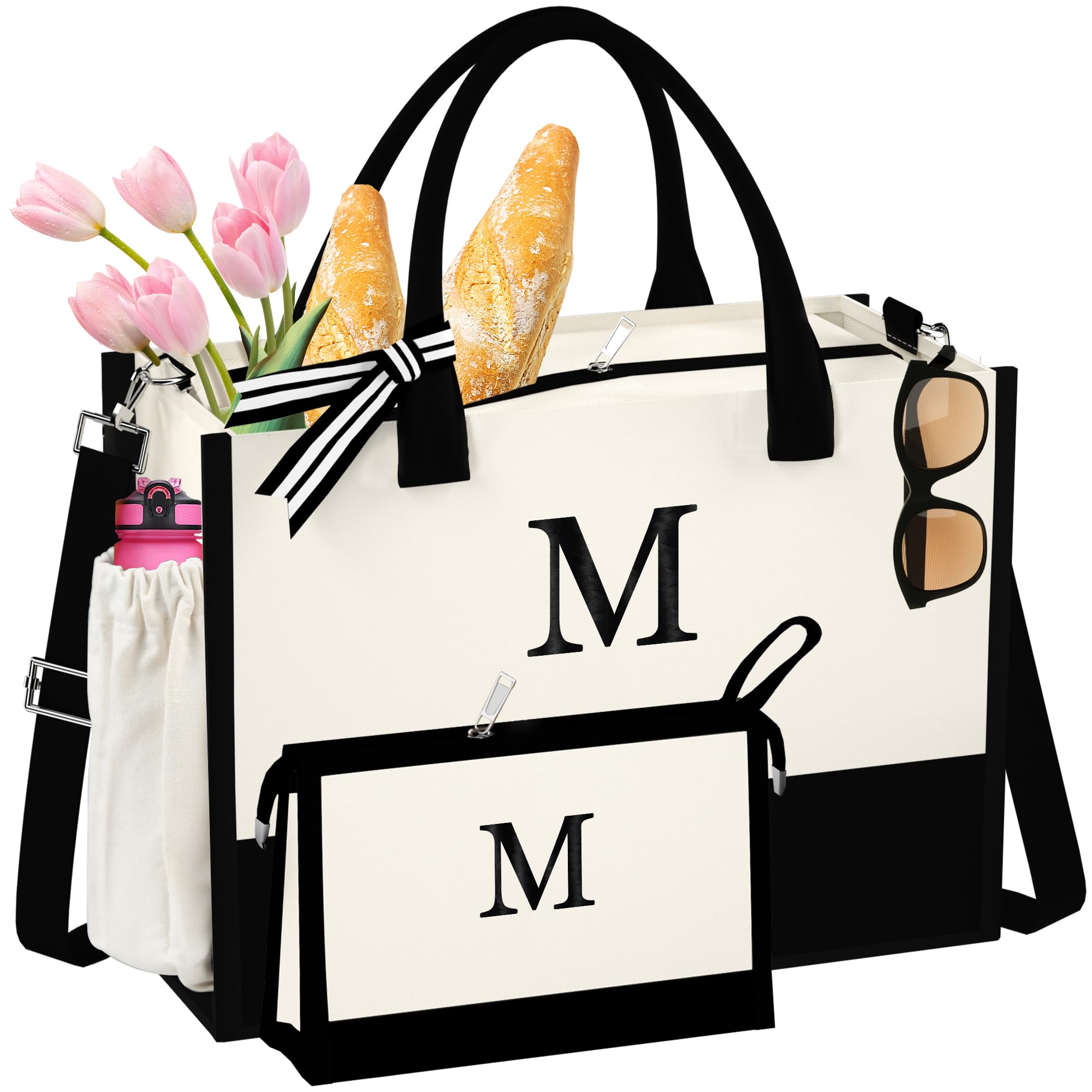 QLOVEA Gifts for Women - Initial Canvas Travel Tote Bag with Makeup Bag, Monogrammed Embroidery Tote with Zipper, Personalized Gifts for Teacher Bridal Shower Hostess Birthday Friends Letter M