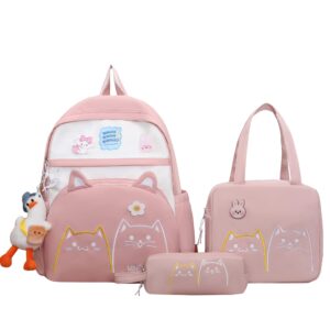 kawaii backpack for girls,17in cute cat embroidery school backpack set with lunch bag pencil box,3pcs aesthetic student bookbags,pink