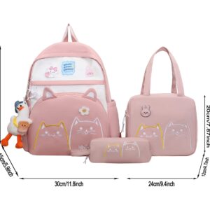 Kawaii Backpack for girls,17in Cute Cat Embroidery School Backpack Set with Lunch Bag Pencil Box,3PCS Aesthetic Student Bookbags,Pink