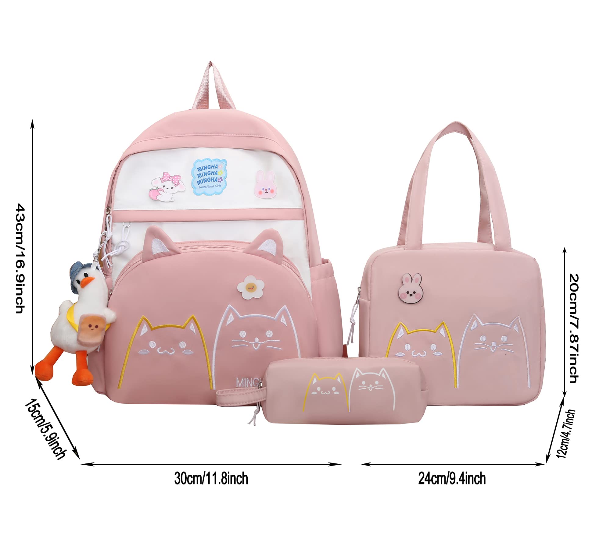 Kawaii Backpack for girls,17in Cute Cat Embroidery School Backpack Set with Lunch Bag Pencil Box,3PCS Aesthetic Student Bookbags,Pink