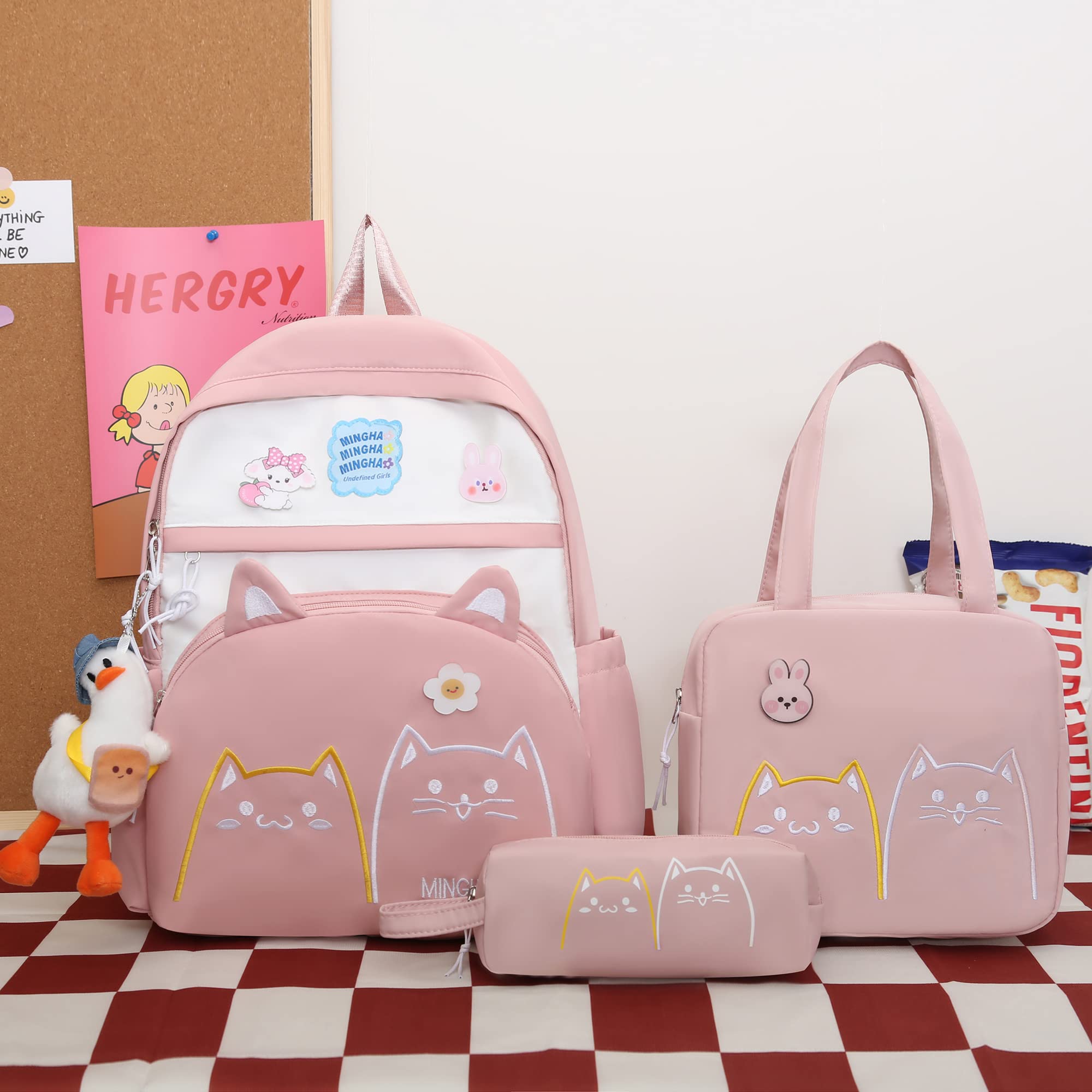 Kawaii Backpack for girls,17in Cute Cat Embroidery School Backpack Set with Lunch Bag Pencil Box,3PCS Aesthetic Student Bookbags,Pink