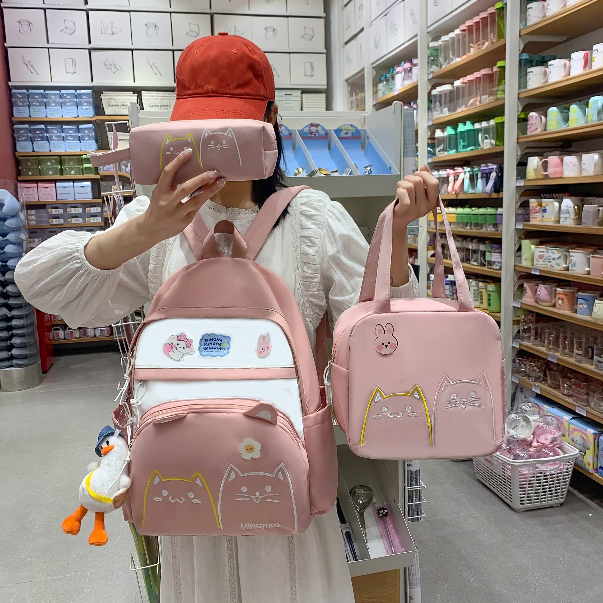 Kawaii Backpack for girls,17in Cute Cat Embroidery School Backpack Set with Lunch Bag Pencil Box,3PCS Aesthetic Student Bookbags,Pink