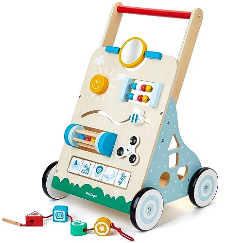 medoga Wooden Baby Walker, 10 in 1 Baby Activity Center Walker Adjustable Wood Toddler Walker Push Walker toy for Boys and Girls (BW001)