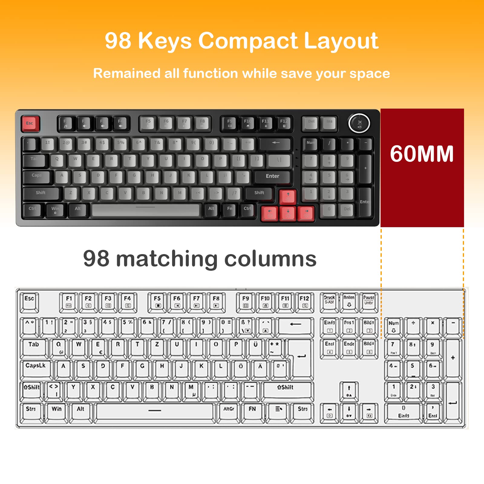 KBMSCITH 80% Mechanical Gaming Keyboard, LED Backlit Compact 96 Keys TKL Wired Mechanical Keyboard with Volume Control Knob, All Anti-Ghosting, Red Switch & Numpad Keyboard for Gaming or Office