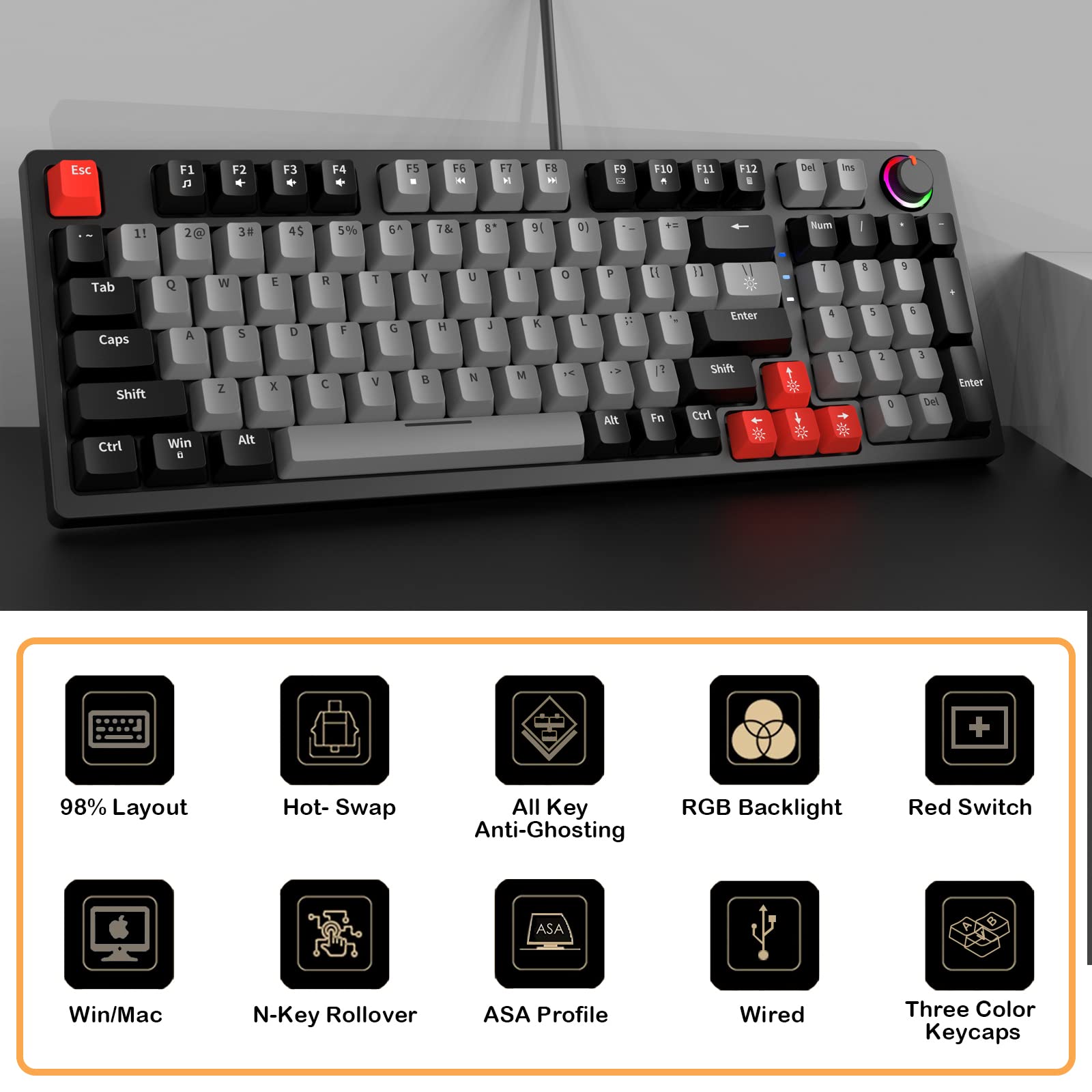 KBMSCITH 80% Mechanical Gaming Keyboard, LED Backlit Compact 96 Keys TKL Wired Mechanical Keyboard with Volume Control Knob, All Anti-Ghosting, Red Switch & Numpad Keyboard for Gaming or Office