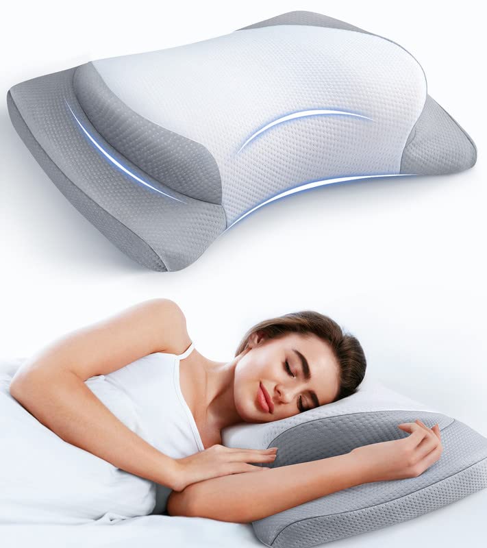 Gadole 8X Support Side Sleeping Pillow for Neck Pain Relief, Adjustable Cervical Fit Shoulder Perfectly, Ergonomic Contour Memory Foam Pillows with Armrest Area, Bed Back Stomach Grey Queen