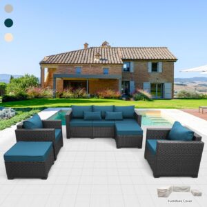 rattaner patio furniture set 5-piece outdoor furniture sets patio couch outdoor chairs patio ottomans with anti-slip cushions and waterproof covers, peacock blue