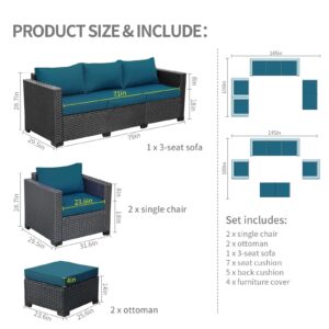 Rattaner Patio Furniture Set 5-Piece Outdoor Furniture Sets Patio Couch Outdoor Chairs Patio Ottomans with Anti-Slip Cushions and Waterproof Covers, Peacock Blue