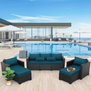 Rattaner Patio Furniture Set 5-Piece Outdoor Furniture Sets Patio Couch Outdoor Chairs Patio Ottomans with Anti-Slip Cushions and Waterproof Covers, Peacock Blue