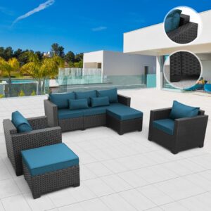 Rattaner Patio Furniture Set 5-Piece Outdoor Furniture Sets Patio Couch Outdoor Chairs Patio Ottomans with Anti-Slip Cushions and Waterproof Covers, Peacock Blue