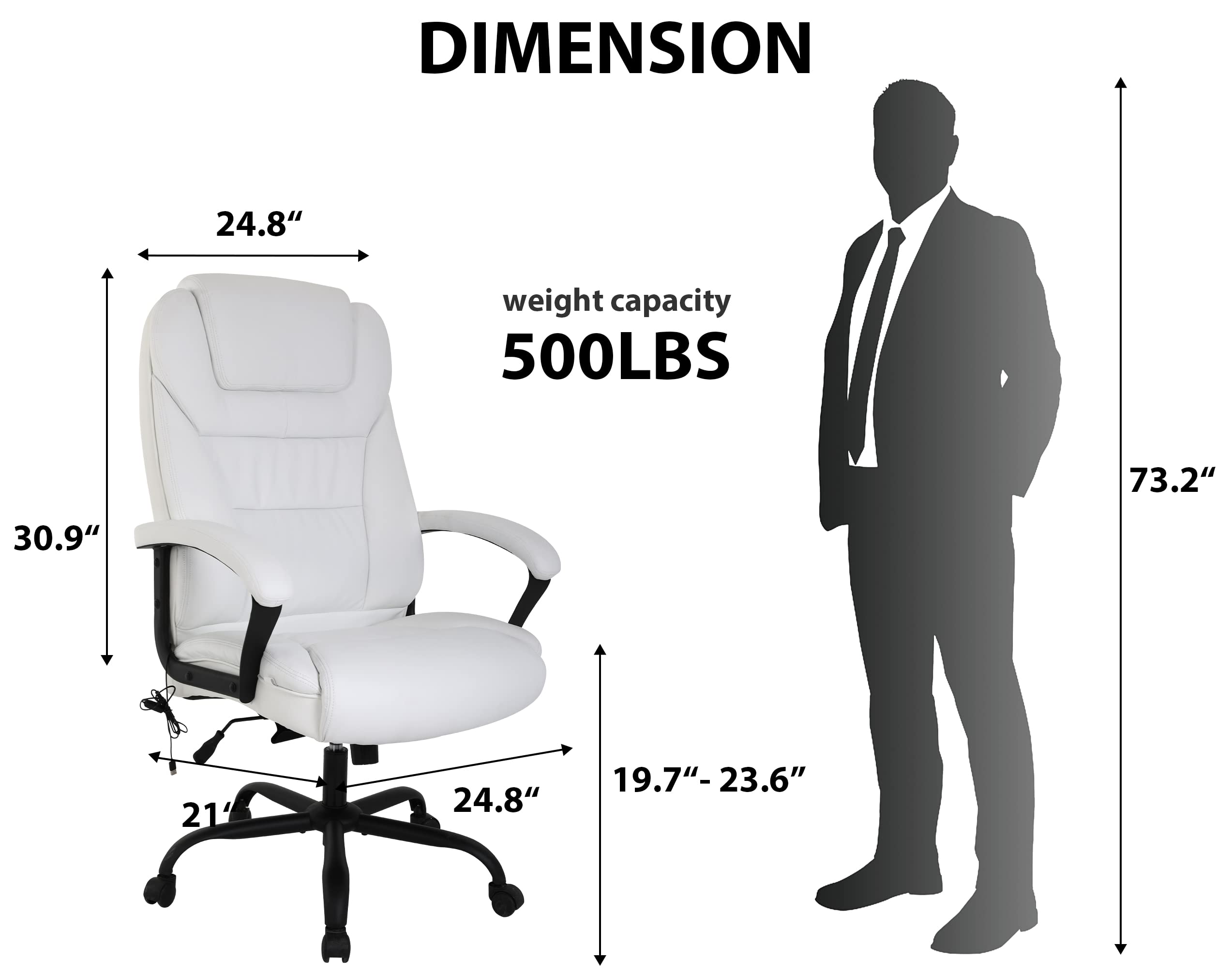 500 LBS Ergonomic Executive Office Chair, High Back Desk Chair with Massage Lumbar Support, Swivel Rocking Chair Computer Desk Chair with Padded Armrest and Adjustable Height, White