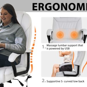 500 LBS Ergonomic Executive Office Chair, High Back Desk Chair with Massage Lumbar Support, Swivel Rocking Chair Computer Desk Chair with Padded Armrest and Adjustable Height, White