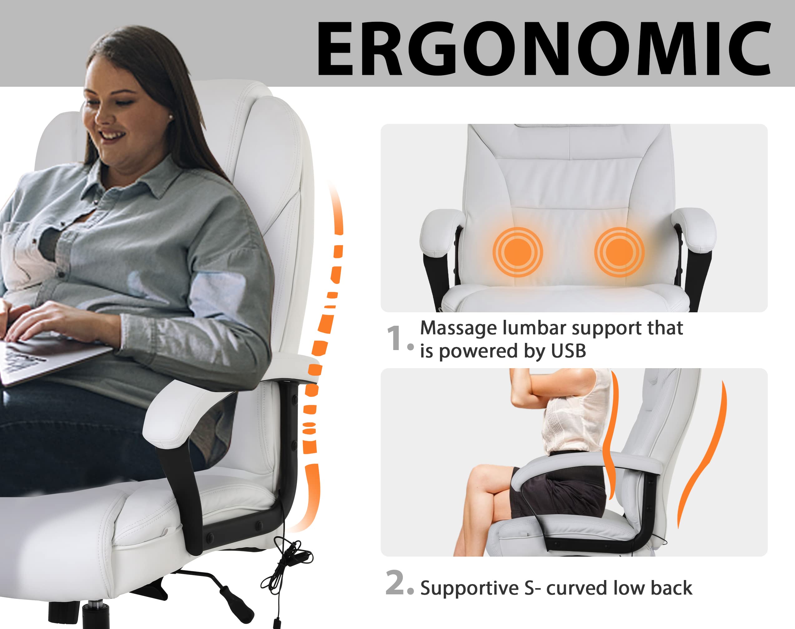 500 LBS Ergonomic Executive Office Chair, High Back Desk Chair with Massage Lumbar Support, Swivel Rocking Chair Computer Desk Chair with Padded Armrest and Adjustable Height, White