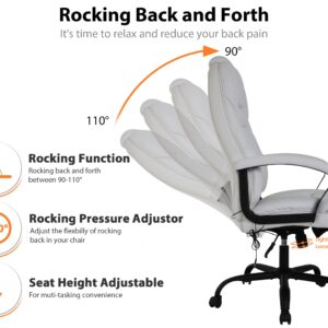 500 LBS Ergonomic Executive Office Chair, High Back Desk Chair with Massage Lumbar Support, Swivel Rocking Chair Computer Desk Chair with Padded Armrest and Adjustable Height, White