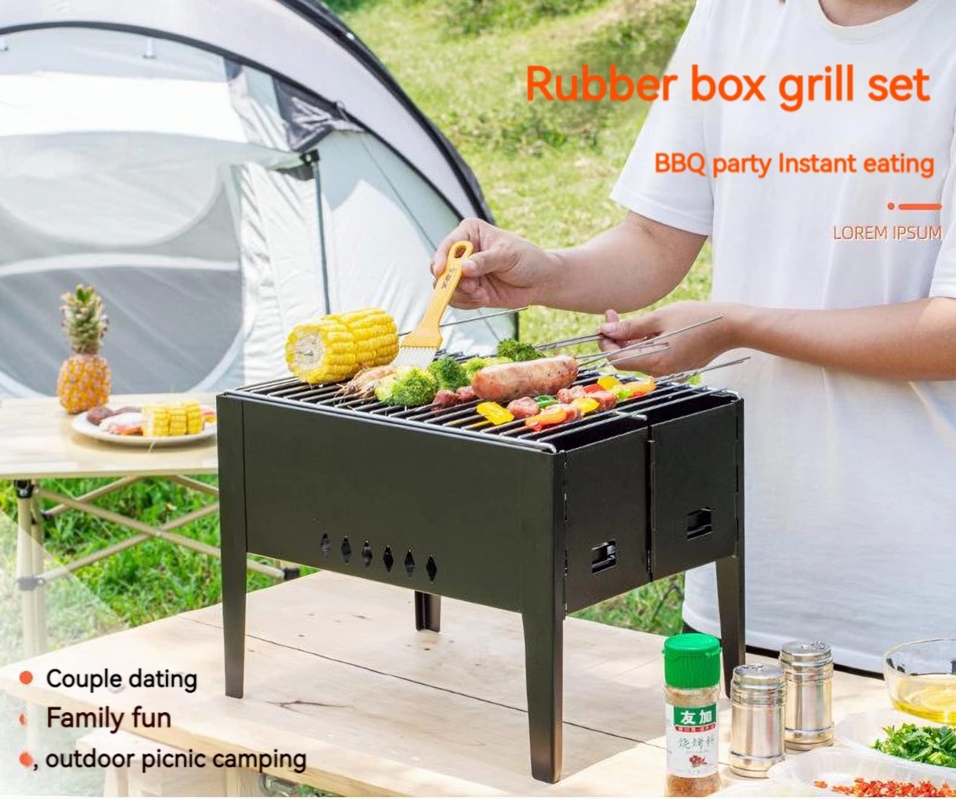 All-in-One Portable Folding BBQ Grill Set for Family Picnic - Food-Grade Material, Thickened Grill Net, Large Carbon Tank Capacity