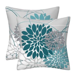 teal dahlia pillow cover 18x18 inch spring summer blue throw pillow covers gray turquoise geometric floral line cushion case farmhouse outdoor home decor for sofa bed living room, set of 2