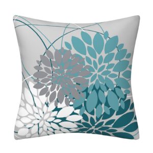 Teal Dahlia Pillow Cover 18x18 Inch Spring Summer Blue Throw Pillow Covers Gray Turquoise Geometric Floral Line Cushion Case Farmhouse Outdoor Home Decor for Sofa Bed Living Room, Set of 2