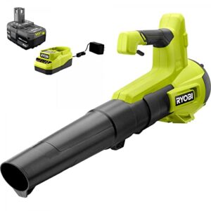 ryobi one+ 18v 100 mph 325 cfm cordless battery variable speed jet fan leaf blower with 4.0 ah battery and charger, green