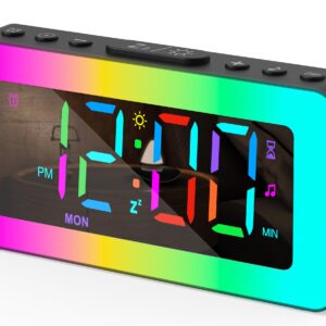 Digital Alarm Clock for Bedroom, Colorful Dynamic RGB Night Lights, Multicolor Digits Display, 0%-100% Dimmable, Sleep Aid, USB Charger, Small Led Bedside Digital Clocks for Kids, Boys, Girls, Teens