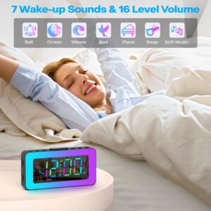 Digital Alarm Clock for Bedroom, Colorful Dynamic RGB Night Lights, Multicolor Digits Display, 0%-100% Dimmable, Sleep Aid, USB Charger, Small Led Bedside Digital Clocks for Kids, Boys, Girls, Teens