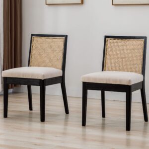 vescasa upholstered dining chairs with square rattan back, armless padded linen cushion dining chairs with wood legs for dining room, kitchen, set of 2, black frame