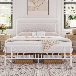 yaheetech queen bed frame metal platform bed with petal accented headboard/footboard/14.4 inch under bed storage/no box spring needed, white