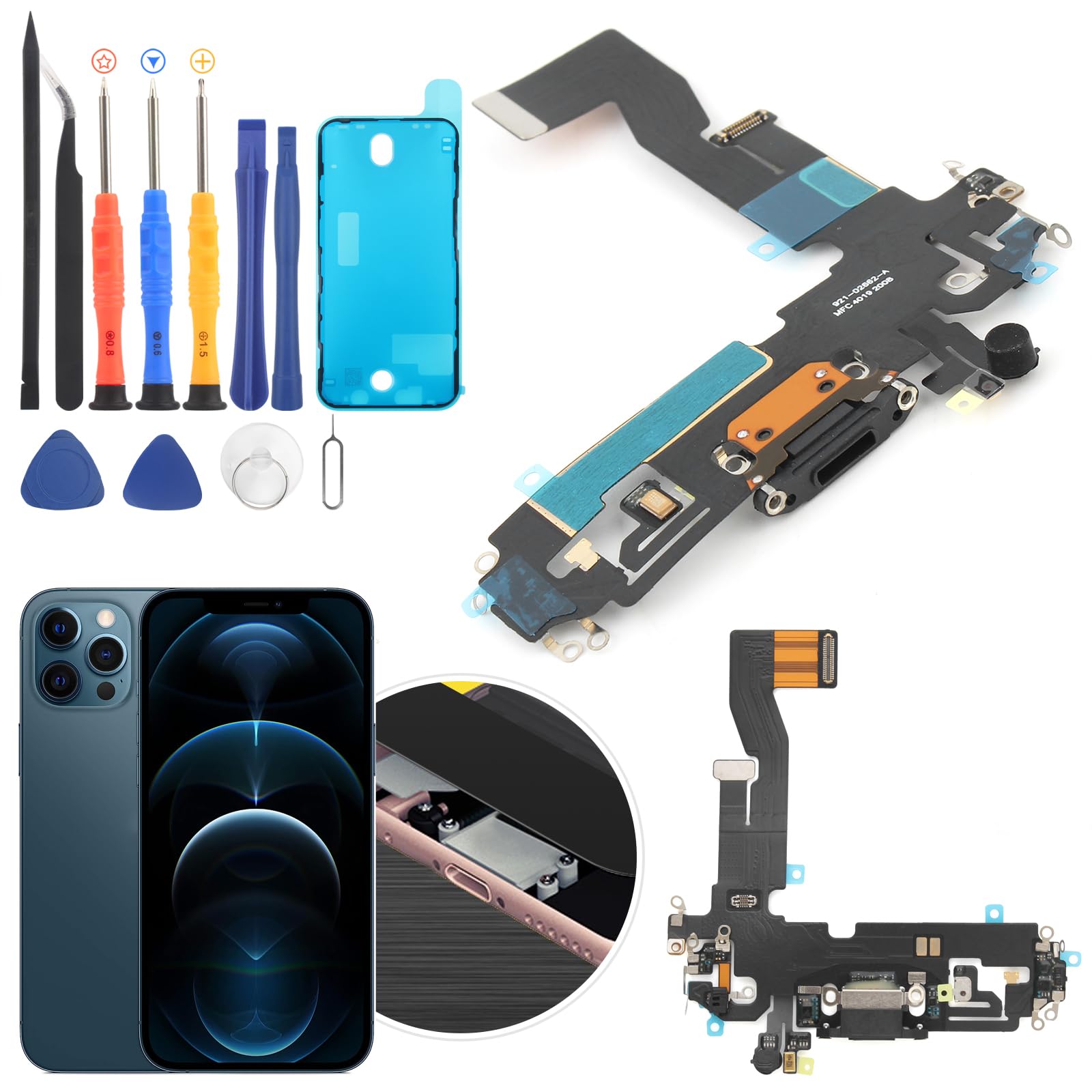 YWLRONG Replacement for iPhone 12 Charging Port Dock Connector for iPhone 12 Pro Charging Port Replacement USB Charger Board Flex Cable Assembly Accessories with Repair Tools(Black)