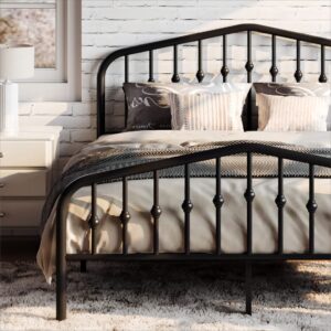 sha cerlin queen size metal platform bed frame with victorian style wrought iron-art headboard/footboard, no box spring required, black