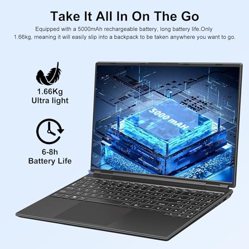 Ruzava 16" Laptop 12+512GB Celeron N5095 (Up to 2.9Ghz) 4-Core Win 11 PC with Cooling Fan 1920 * 1200 2K Screen Dual WiFi Support 2.5" HDD 1TB SSD Expand for Business Study-Black