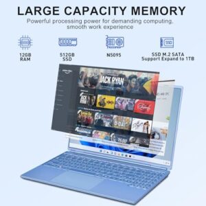 Ruzava 16" Laptop 12+512GB Celeron N5095 (Up to 2.9Ghz) 4-Core Win 11 PC with Cooling Fan 1920 * 1200 2K Screen Dual WiFi Support 2.5" HDD 1TB SSD Expand for Business Study-Blue